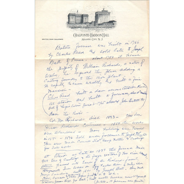 1920s Handwritten Letter Chalfonte-Haddon Hall Atlantic City NJ Letter ...