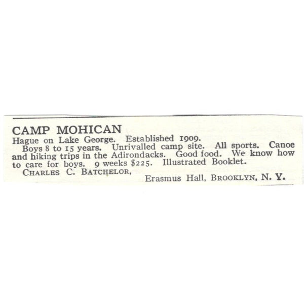 Camp Mohican Hague on Lake George Charles Batchelor c1918 Advertisemen ...