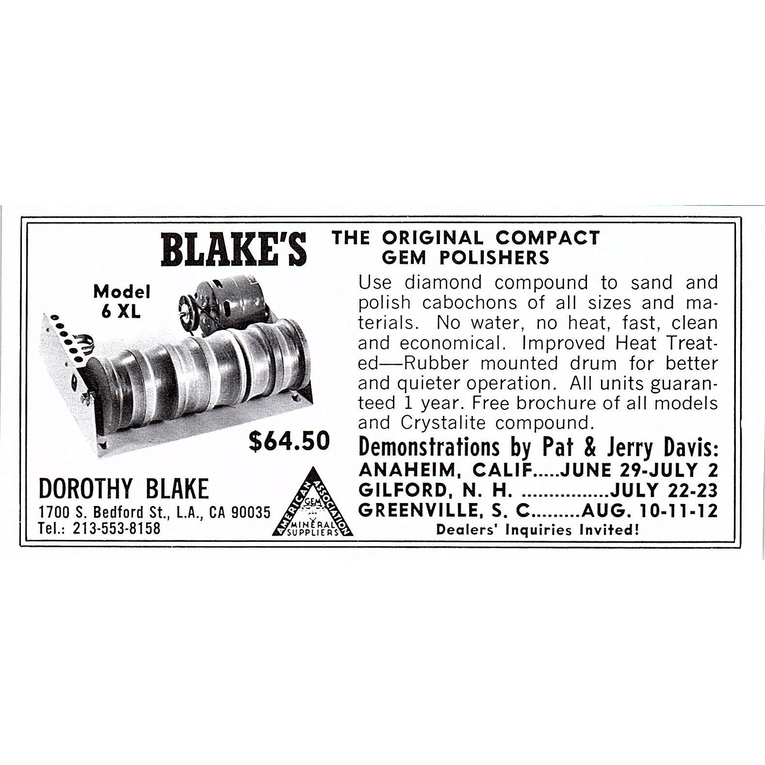 Dorothy Blake Compact Gem Polishers Los Angeles CA 1972 Ad AF8-M4 ...