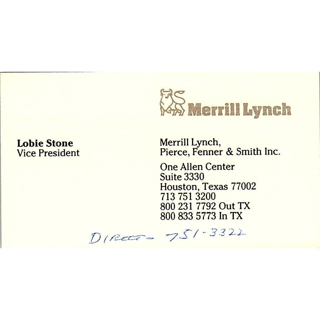 Merrill Lynch Lobie Stone Houston Texas Vintage Business Card SB4-B1 ...