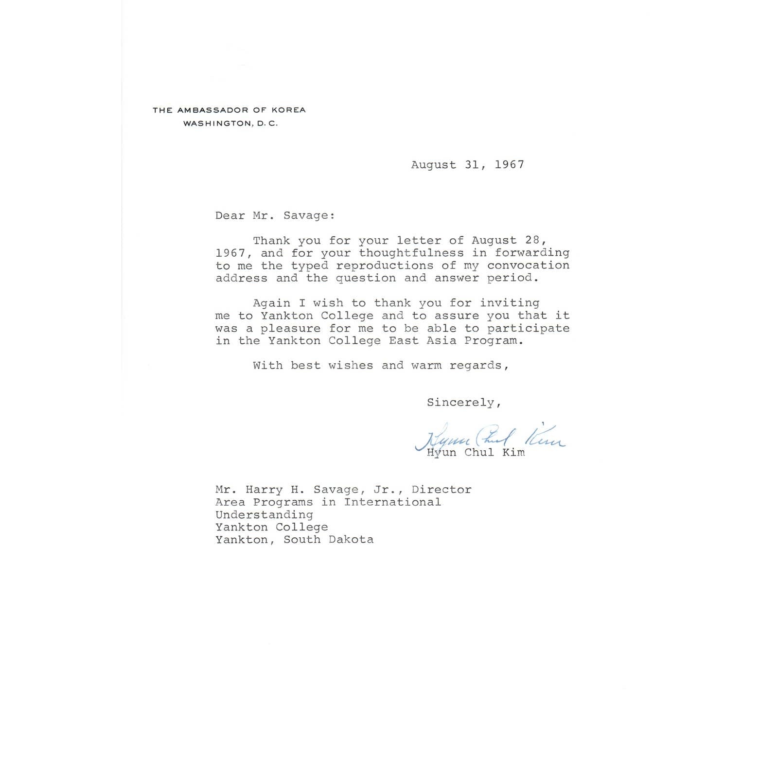 Korean Ambassador to the US Letterhead Memo Hyun Chul Kim 9/31/67 TK1 ...
