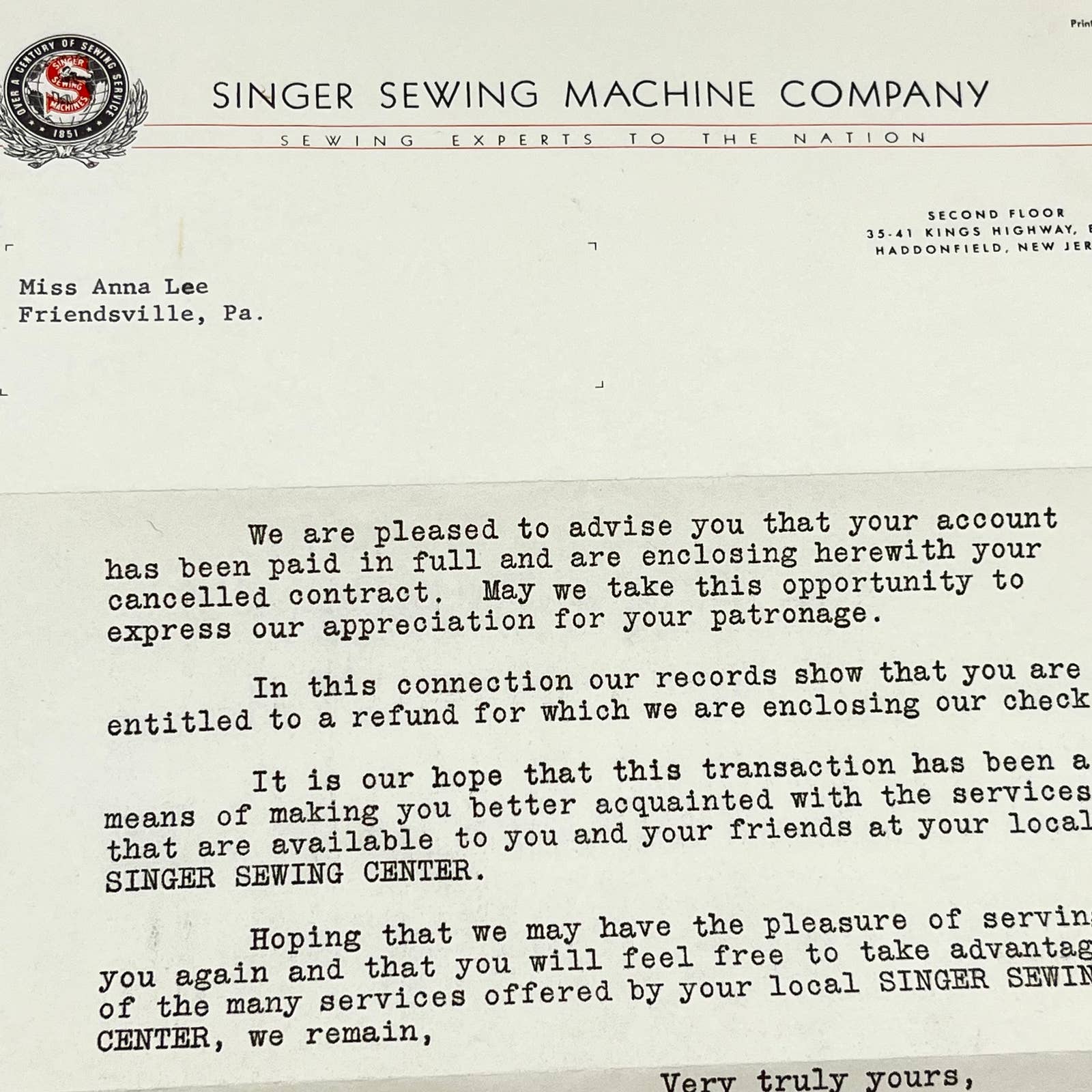 1950s Singer Sewing Machine Company Letterhead with Note SC6 – Everyday ...
