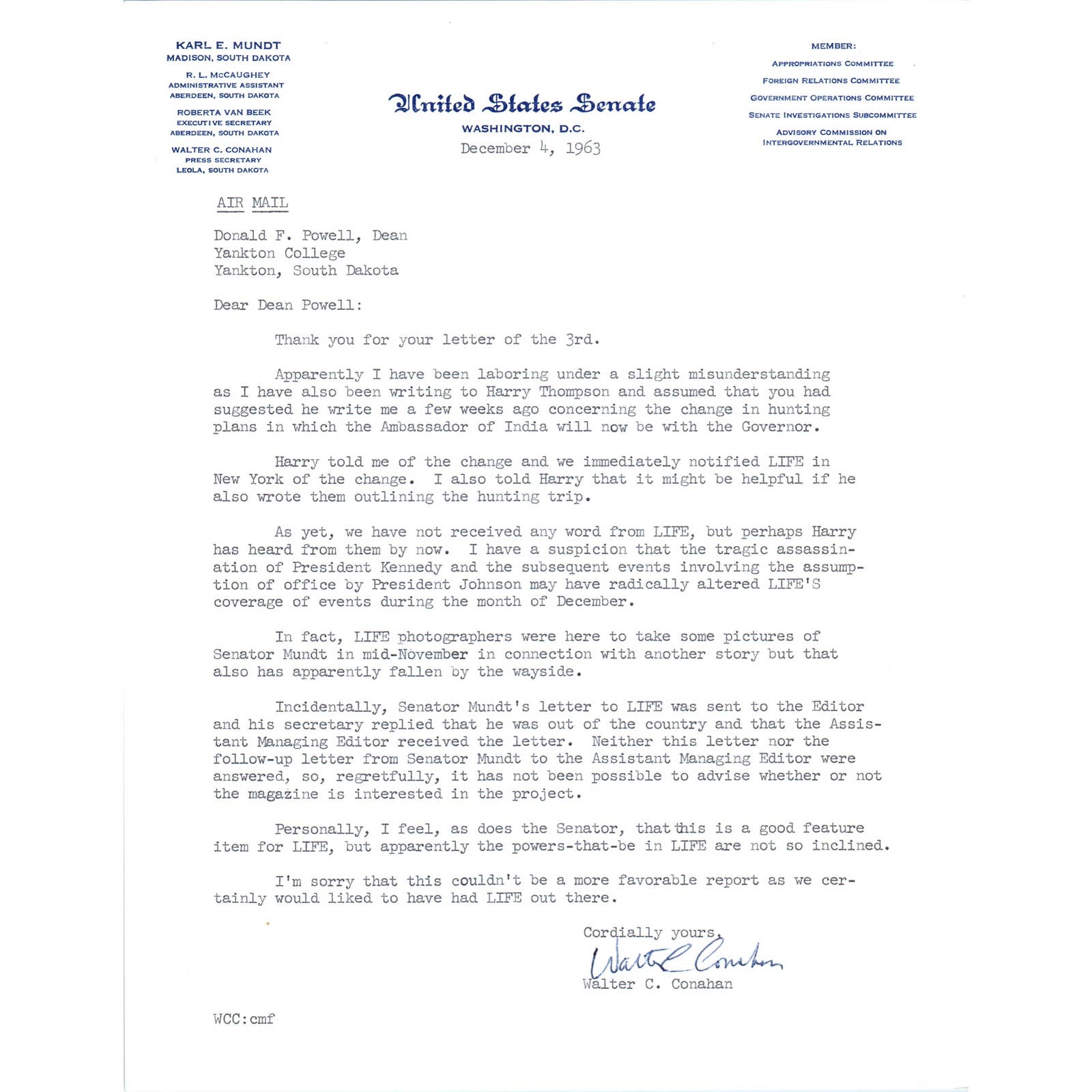 Senator Karl Mundt Official Letterhead Signed by Walter C. Conahan 196 ...