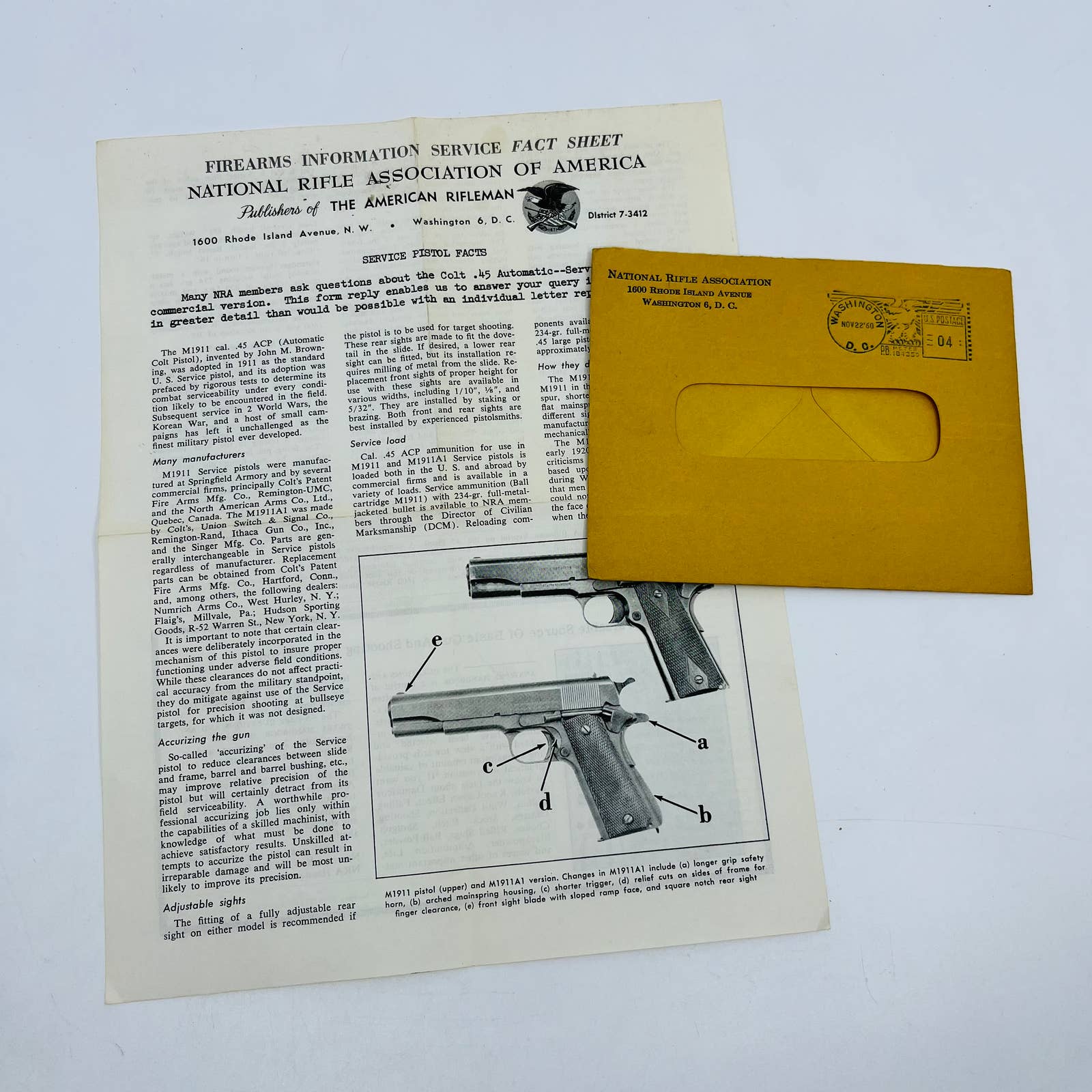 1960 Letter from NRA National Rifle Association Service Pistol Facts D ...
